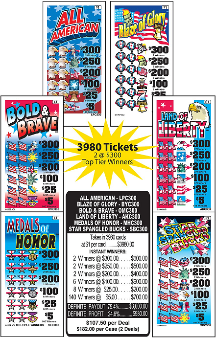 Patriotic Pull Tabs with $5.00 Bottoms and $300 Top Prizes